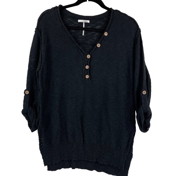 StitchDrop | Sweaters | Stitchdrop Black Slub Knit 34 Roll Tab Sleeve ...